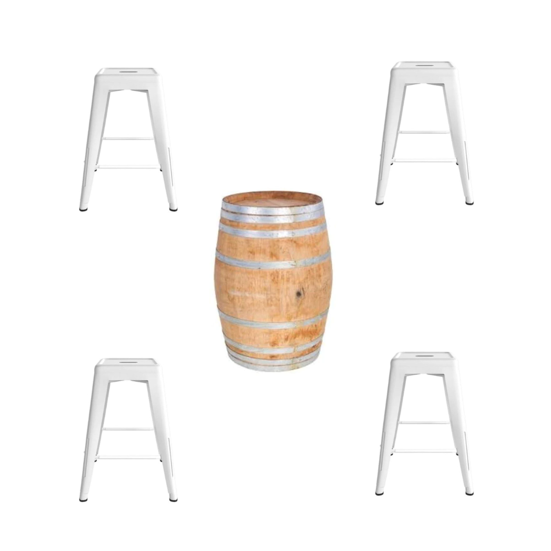 Wine Barrel & White Tolix Stools Package – Adelaide Wedding Hire